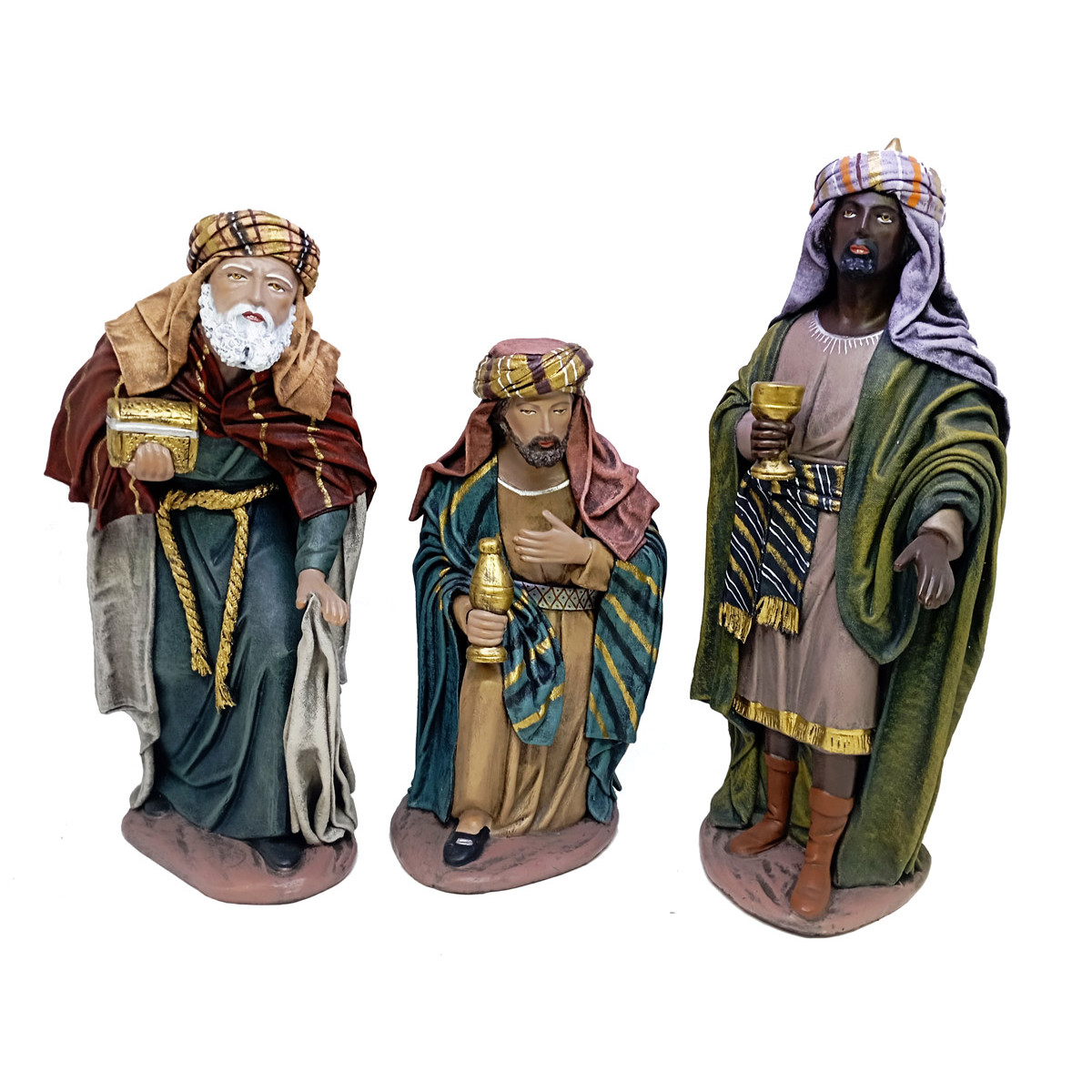 Figuras de los Reyes Magos en adoración en barro con las telas cocidas al horno, pintadas a mano ...