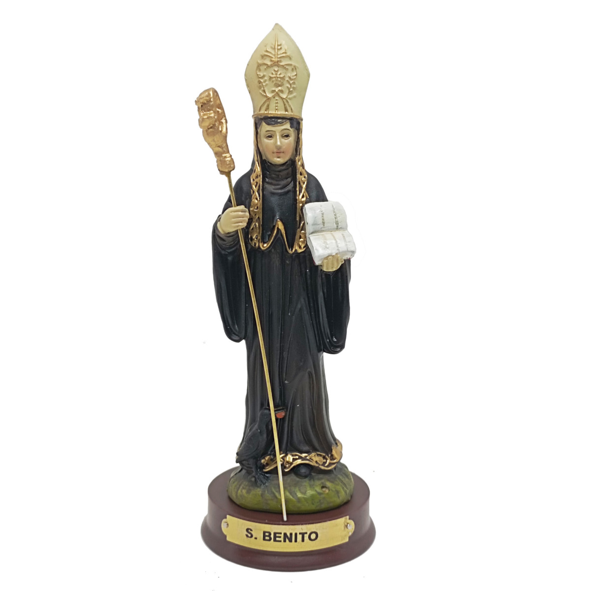 Imagen de San Benito Abad vestido con hábito negro y con sus atributos ...